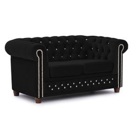 CHESTERFIELD-SOFA 2-sitzer Cleo Blink Schwarz Samt mit Kristallsteppung und braunen Massivholzf&uuml;&szlig;en