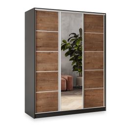 SCHWEBET&Uuml;RENSCHRANK NATA 150/205/58 cm 3-t&uuml;rig mit Spiegel und Schubladen Schwarz / Eiche Lefkas