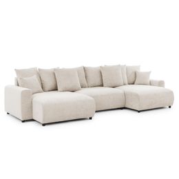 WOHNLANDSCHAFT Calma mit Schlaffunktion und Bettkasten im Bumpy-Design aus weichem Beige Chenille-Stoff