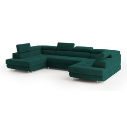 WOHNLANDSCHAFT RAGGIO Gr&uuml;n Velours-Stoff mit Schlaffunktion