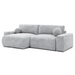 ECKSOFA Puffy mit Schlaffunktion und Bettkasten - besonders weich und puffig aus Hellgrau Chenille-Stoff - Ottomane links