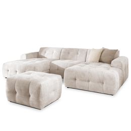 WOHNLANDSCHAFT inkl. Hocker Kozy im Bumpy-Design mit Schlaffunktion und fester R&uuml;ckenlehne aus weichem Beige Chenille-Stoff