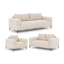 SITZGARNITUR 3+2+1 Cardea in Bubble-Optik aus weichem Hellbeige Strukturstoff mit hohem Sitzkomfort