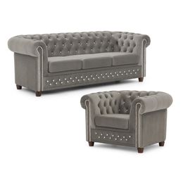 SITZGARNITUR 3+1 Chesterfield Cleo Blink Grau Samt mit Kristallsteppung und braunen Massivholzf&uuml;&szlig;en