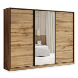 SCHWEBET&Uuml;RENSCHRANK TARI 250/205/58 cm 3-t&uuml;rig mit Spiegel und Schubladen Eiche Wotan