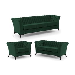 SITZGARNITUR 3+2+1 Chesterfield Whitby Flaschengr&uuml;n Samt mit schwarzen F&uuml;&szlig;en