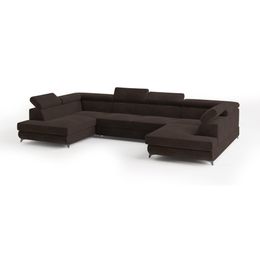 WOHNLANDSCHAFT VINTESSA Braun Velours-Stoff mit Schlaffunktion