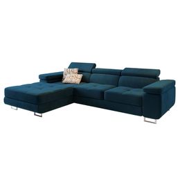 ECKSOFA ELMA L-S Blau Velours-Stoff mit Schlaffunktion