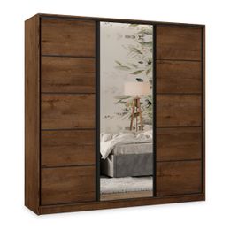 SCHWEBET&Uuml;RENSCHRANK PINA 200/205/58 cm 3-t&uuml;rig mit Spiegel und 4 Schubladen Eichefarben