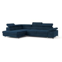 ECKSOFA FAVIEN L-S Blau Velours-Stoff mit Schlaffunktion