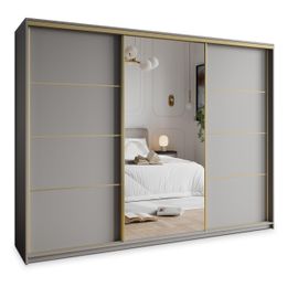 SCHWEBET&Uuml;RENSCHRANK VARO 250/205/60 cm 3-t&uuml;rig mit Spiegel und Schubladen Graphitfarben