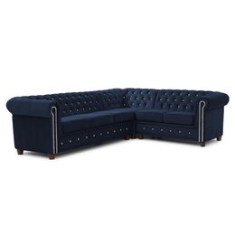ECKSOFA Chesterfield Cleo Blink Marineblau Samt mit Kristallsteppung und braunen Massivholzf&uuml;&szlig;en - Ottomane Rechts