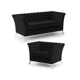 SITZGARNITUR 2+1 Chesterfield Whitby Schwarz Samt mit silbernen F&uuml;&szlig;en