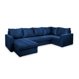 WOHNLANDSCHAFT LORIVO L-S Blau Pl&uuml;sch-Stoff mit Schlaffunktion