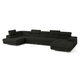 WOHNLANDSCHAFT VELORA L-S Schwarz Velours-Stoff mit Schlaffunktion