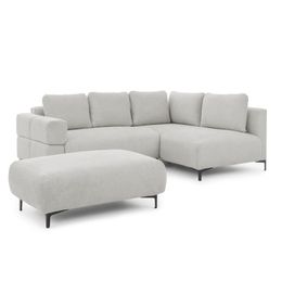 ECKSOFA inkl. Hocker Cardea mit Schlaffunktion in Bubble-Optik aus weichem Hellgrau Strukturstoff und hohem Sitzkomfort - Ottomane rechts