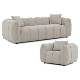SITZGARNITUR 3+1 Nubira in tief gesteppter Bubble-Optik aus weichem Taupe Strukturstoff im modernen Design