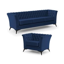 SITZGARNITUR 3+1 Chesterfield Whitby Marineblau Samt mit schwarzen F&uuml;&szlig;en