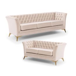 SITZGARNITUR 3+2 Chesterfield Whitby Beige Samt mit goldenen F&uuml;&szlig;en