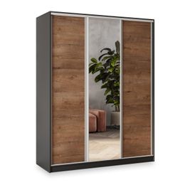 SCHWEBET&Uuml;RENSCHRANK SORE 150/205/58 cm 3-t&uuml;rig mit Spiegel und Schubladen Schwarz / Eiche Lefkas