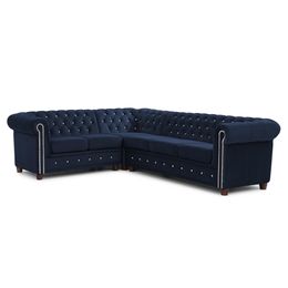 ECKSOFA Chesterfield Cleo Blink Marineblau Samt mit Kristallsteppung und braunen Massivholzf&uuml;&szlig;en - Ottomane Links