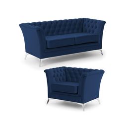 SITZGARNITUR 2+1 Chesterfield Whitby Marineblau Samt mit silbernen F&uuml;&szlig;en