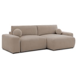 ECKSOFA Puffy mit Schlaffunktion und Bettkasten - besonders weich und puffig aus Greige Webstoff - Ottomane rechts