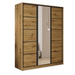 SCHWEBET&Uuml;RENSCHRANK PINA 150/205/58 cm 3-t&uuml;rig mit Spiegel und Schubladen Eiche Artisan