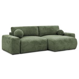 ECKSOFA Puffy mit Schlaffunktion und Bettkasten - besonders weich und puffig aus Gr&uuml;n Chenille-Stoff - Ottomane rechts