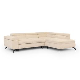 ECKSOFA mit Schlaffunktion und Bettkasten Bonnie aus Creme Chenille-Stoff mit verstellbaren Kopfst&uuml;tzen und Armlehne - Ottomane rechts