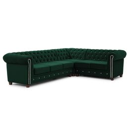 ECKSOFA mit Schlaffunktion Chesterfield Flasche Gr&uuml;n Samt mit Kristallsteppung und braunen Massivholzf&uuml;&szlig;en - Ottomane Rechts