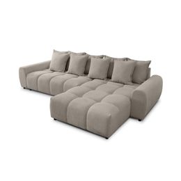 ECKSOFA Bubble mit losen R&uuml;ckenkissen und Sitzfl&auml;che in Bubble-Optik aus weichem Taupe Strukturstoff mit sch&ouml;ner Sitzkomfort - Ottomane rechts