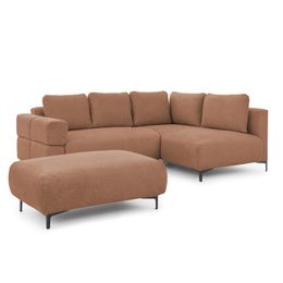 ECKSOFA inkl. Hocker Cardea mit Schlaffunktion in Bubble-Optik aus weichem Terrakotta Strukturstoff und hohem Sitzkomfort - Ottomane rechts