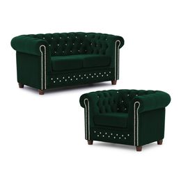 SITZGARNITUR 2+1 Chesterfield Cleo Blink Flasche Gr&uuml;n Samt mit Kristallsteppung und braunen Massivholzf&uuml;&szlig;en