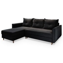ECKSOFA PISAN L-S Schwarz Pl&uuml;sch-Stoff mit Schlaffunktion