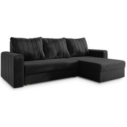 ECKSOFA CARL Schwarz Pl&uuml;sch-Stoff mit Schlaffunktion