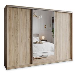 SCHWEBET&Uuml;RENSCHRANK TAVI 250/205/60 cm 3-t&uuml;rig mit Spiegel und Schubladen Sonoma Eiche
