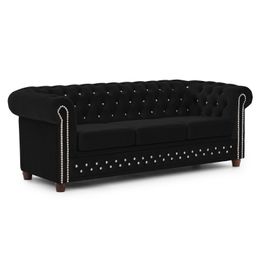 CHESTERFIELD-SOFA 3-sitzer Cleo Blink Schwarz Samt mit Kristallsteppung und braunen Massivholzf&uuml;&szlig;en