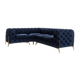 ECKSOFA Chesterfield Lexi Marineblau Samt, Ottomane links