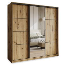 SCHWEBET&Uuml;RENSCHRANK VARO 200/205/60 cm 3-t&uuml;rig mit Spiegel Eiche Artisan