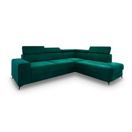 ECKSOFA ALVORO R-S Gr&uuml;n Velours-Stoff mit Schlaffunktion