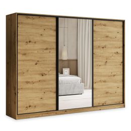 SCHWEBET&Uuml;RENSCHRANK TARI 270/205/58 cm 3-t&uuml;rig mit Spiegel und 4 Schubladen Eiche Artisan