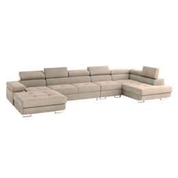 WOHNLANDSCHAFT VELORA R-S Creme Velours-Stoff mit Schlaffunktion