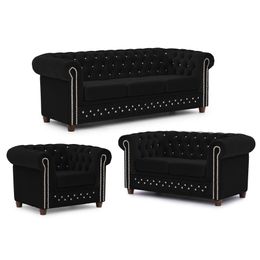 SITZGARNITUR 3+2+1 Chesterfield Cleo Blink Schwarz Samt mit Kristallsteppung und braunen Massivholzf&uuml;&szlig;en