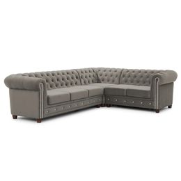 ECKSOFA mit Schlaffunktion Chesterfield Grau Samt mit Kristallsteppung und braunen Massivholzf&uuml;&szlig;en - Ottomane Rechts