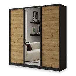 SCHWEBET&Uuml;RENSCHRANK SORE 200/205/58 cm 3-t&uuml;rig mit Spiegel und 4 Schubladen Schwarz