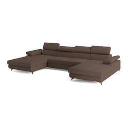 WOHNLANDSCHAFT DETTI Braun Boucle-Stoff mit Schlaffunktion