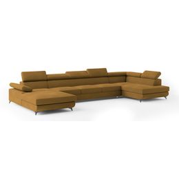 WOHNLANDSCHAFT MONTIVA Gelb Velours-Stoff mit Schlaffunktion