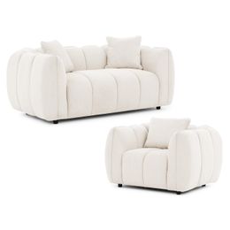 SITZGARNITUR 2+1 Nubira in tief gesteppter Bubble-Optik aus weichem Creme Strukturstoff im modernen Design