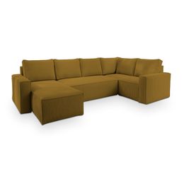 WOHNLANDSCHAFT NORENA R-S Gelb Kordstoff mit Schlaffunktion